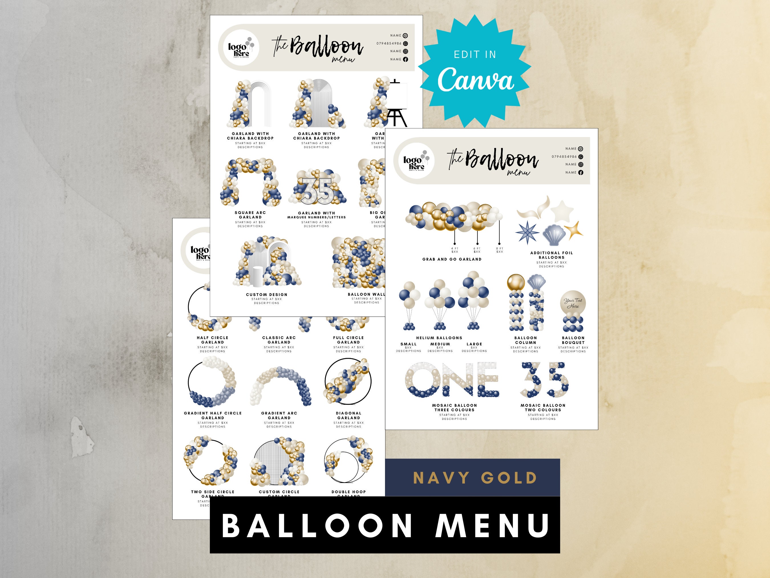 Navy Gold Balloon Menu Template for Balloon Business, Editable Balloon ...