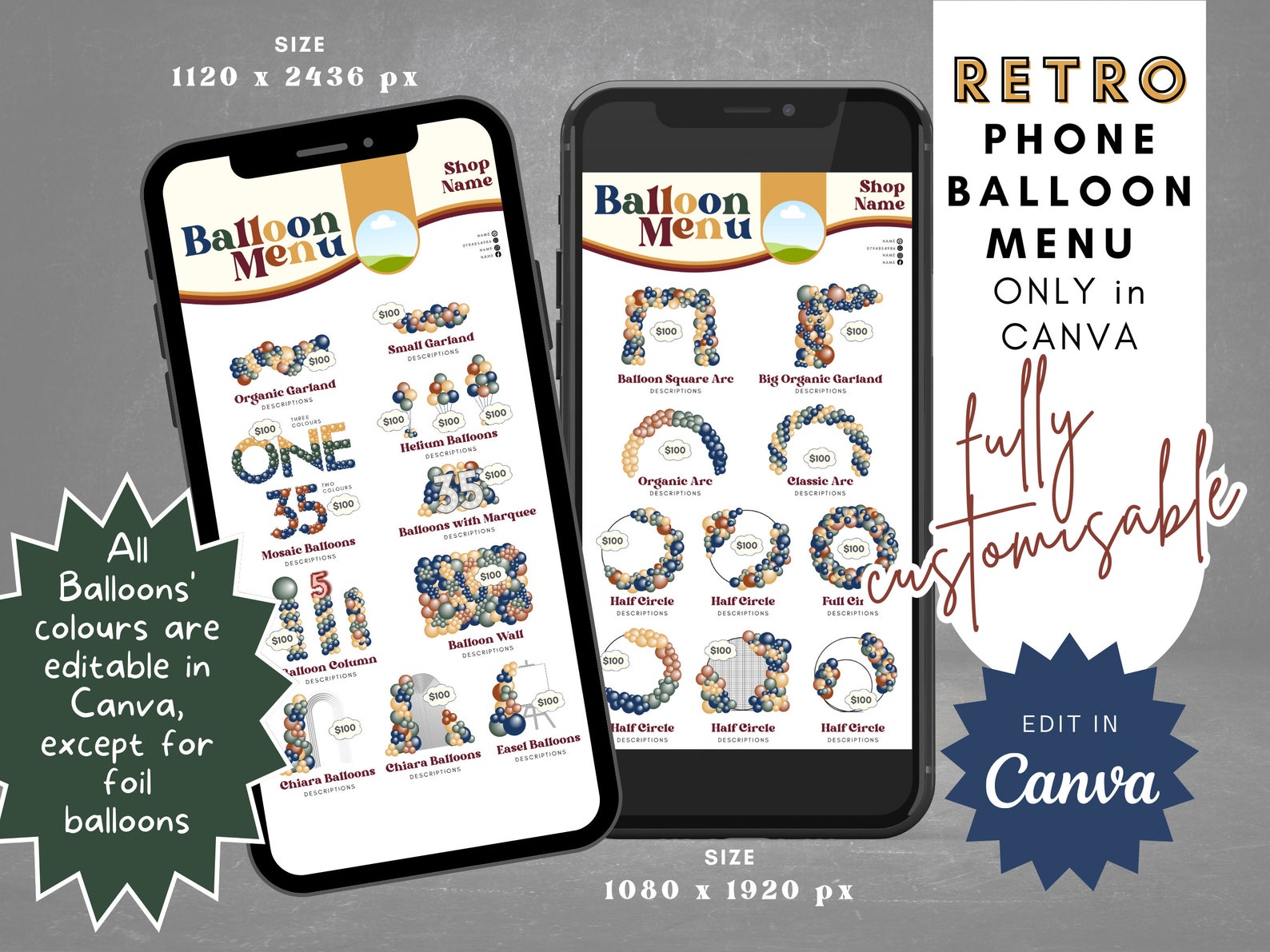 Retro Phone Balloon Menu Template Editable Instant Download Canva ...