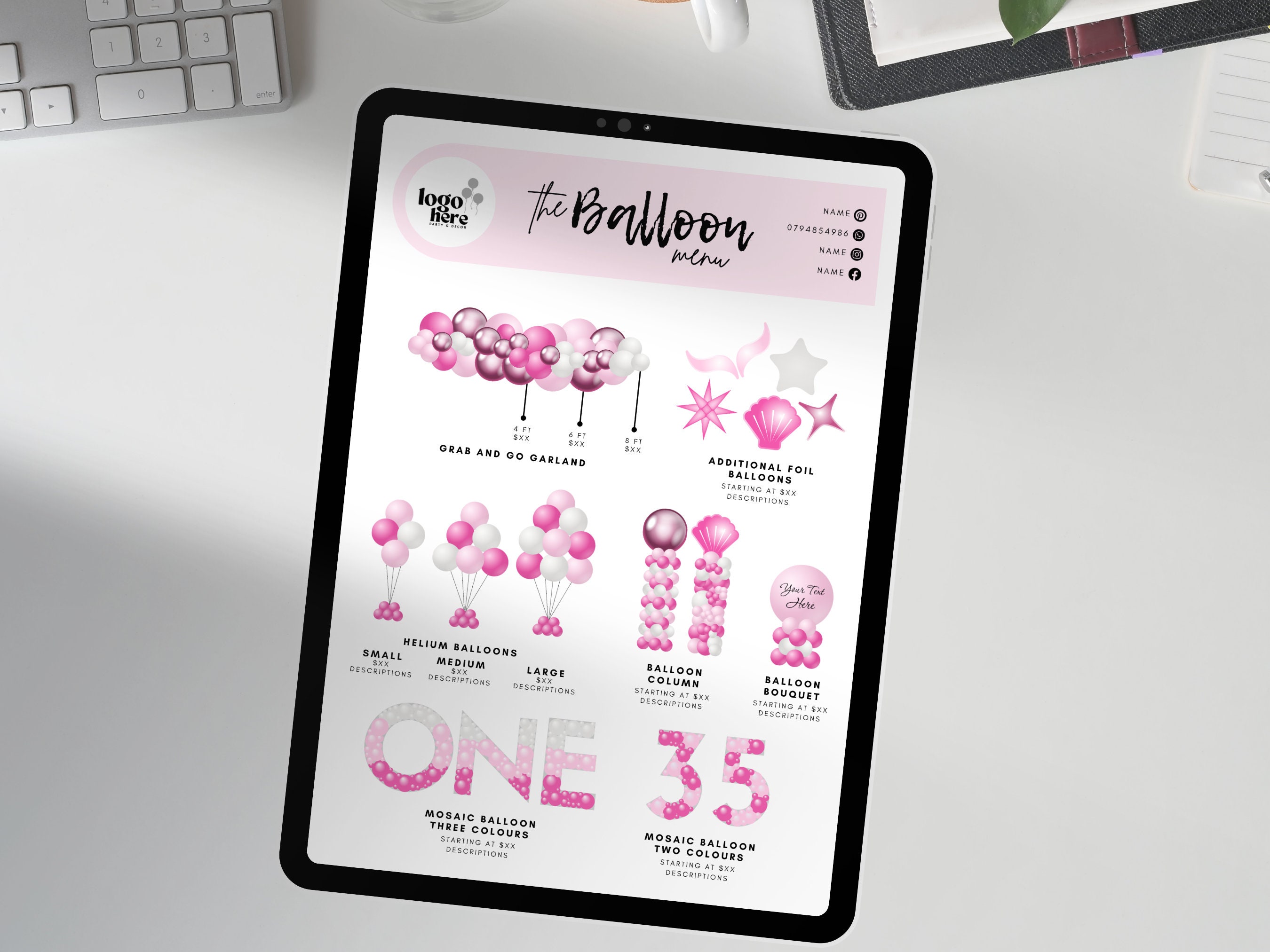 Pink Balloon Menu Template: Editable Pricing Guide (canva) - Etsy
