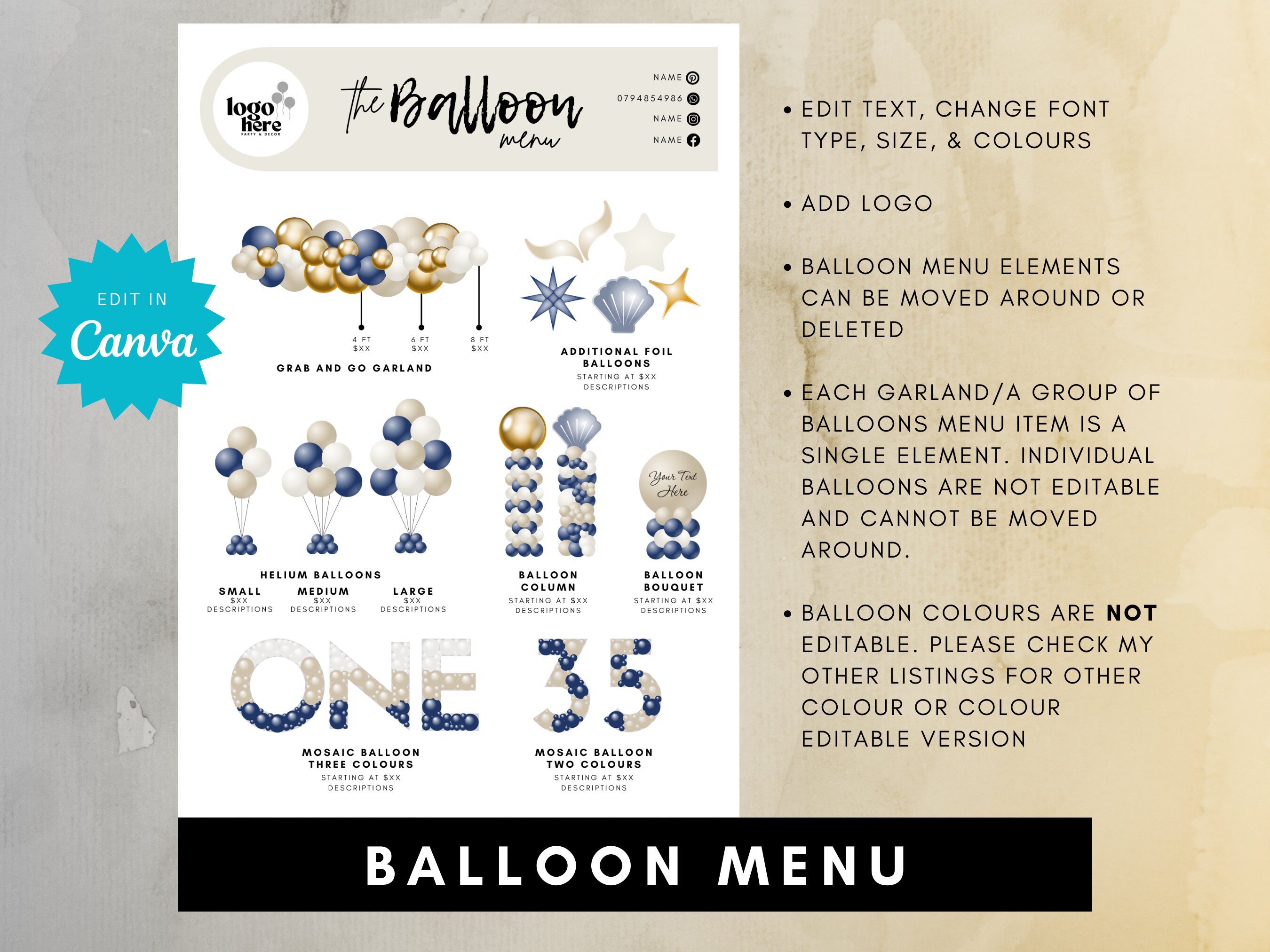 Navy Gold Balloon Menu Template for Balloon Business, Editable Balloon ...