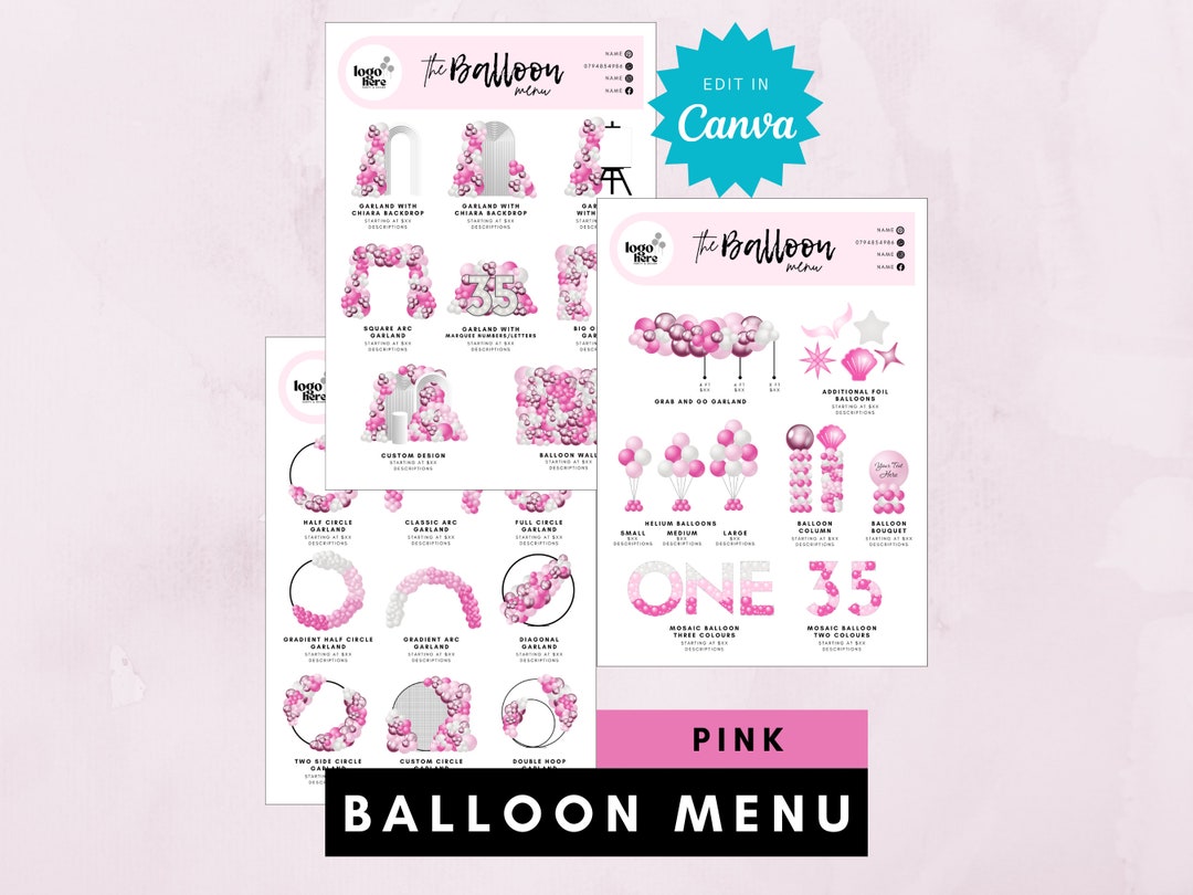 Pink Balloon Menu Template: Editable Pricing Guide (canva) - Etsy