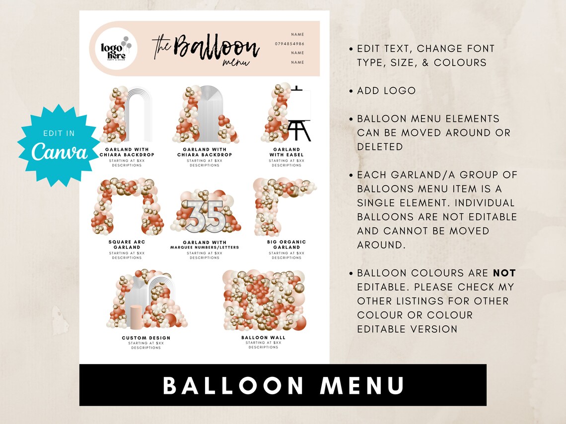 Boho Balloon Menu Template for Balloon Business, Editable Balloon Decor ...