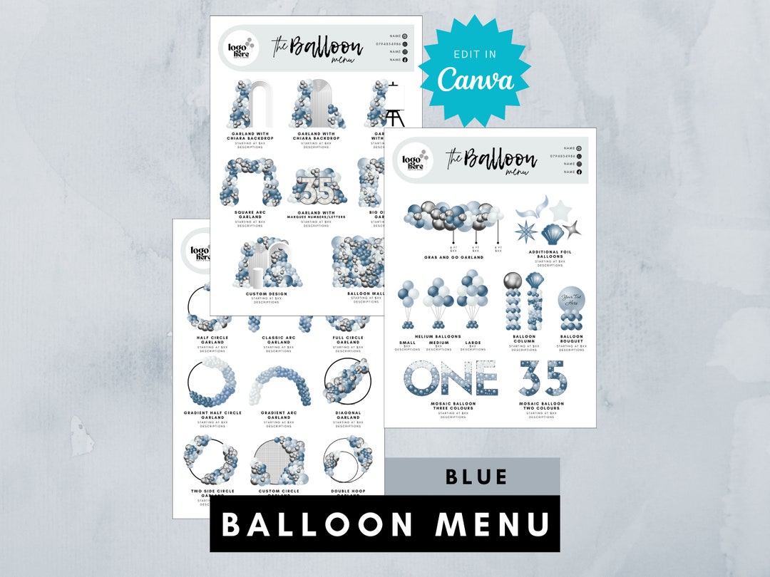 Blue Silver Balloon Menu Template for Balloon Business, Editable ...
