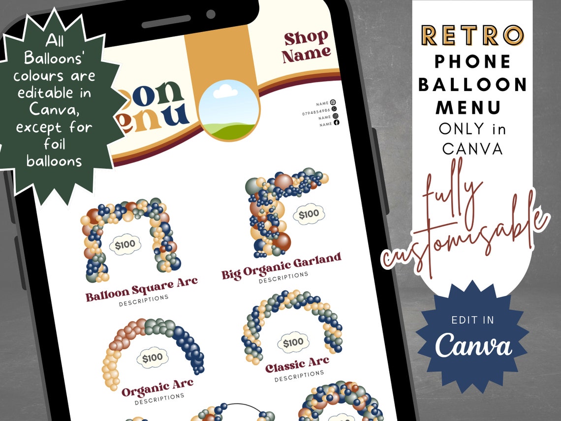 Retro Phone Balloon Menu Template: Editable Canva Design (instant ...