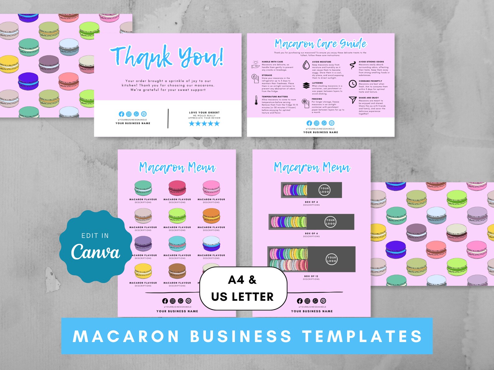 Macaron Menu Template, Colorful Macarons Care Card, Thank You Card ...