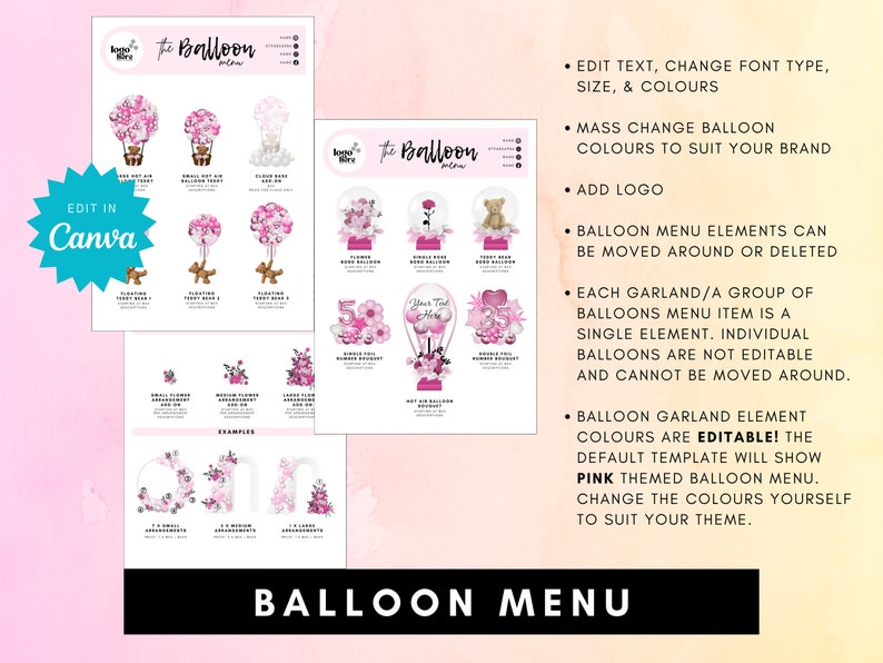 Editable Balloon Menu Template: Balloon Garland Price Guide (canva ...