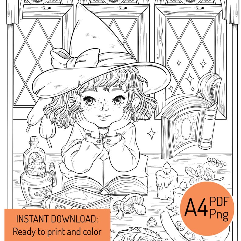 PRINTABLE COLORING PAGE "little Witch Student" - Digital Instant ...