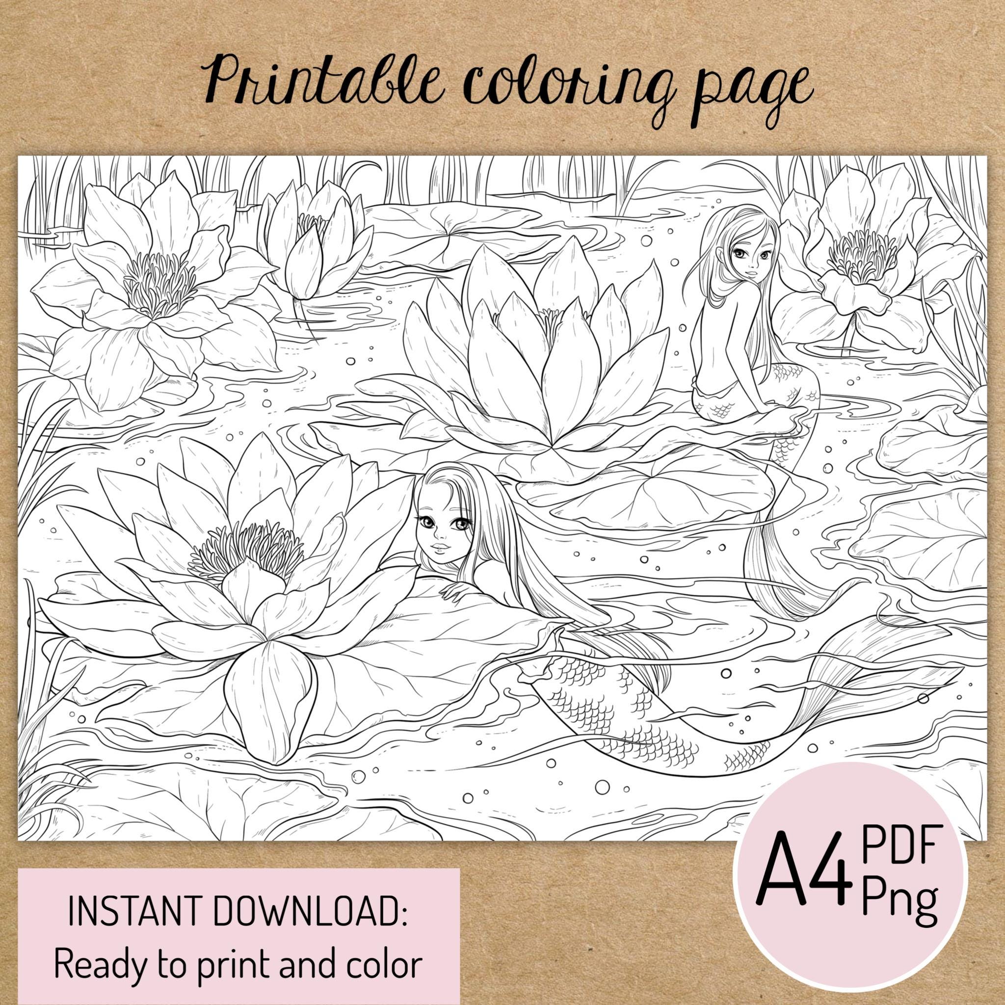 PRINTABLE COLORING PAGE "pond Mermaids" - Digital Instant Download - Hand Drawn - Line Art - Pdf ...