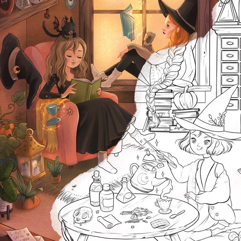 Cozy Witches PRINTABLE COLORING PAGE - Etsy
