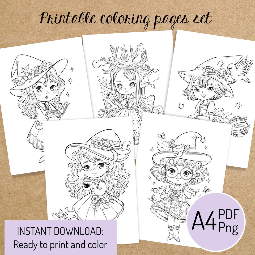 PRINTABLE COLORING SET "cute Cozy Witches" - Digital Instant Download ...