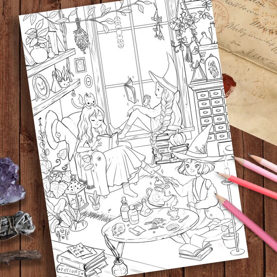 Cozy Witches PRINTABLE COLORING PAGE - Etsy