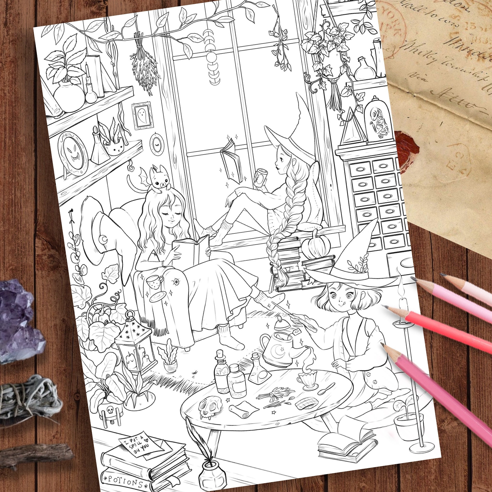 Cozy Witches PRINTABLE COLORING PAGE - Etsy