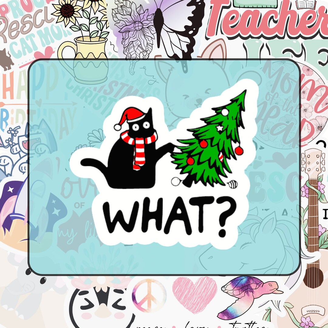 Funny Cat Christmas Sticker, Knocking Tree Over, What?, 3 Size Options ...