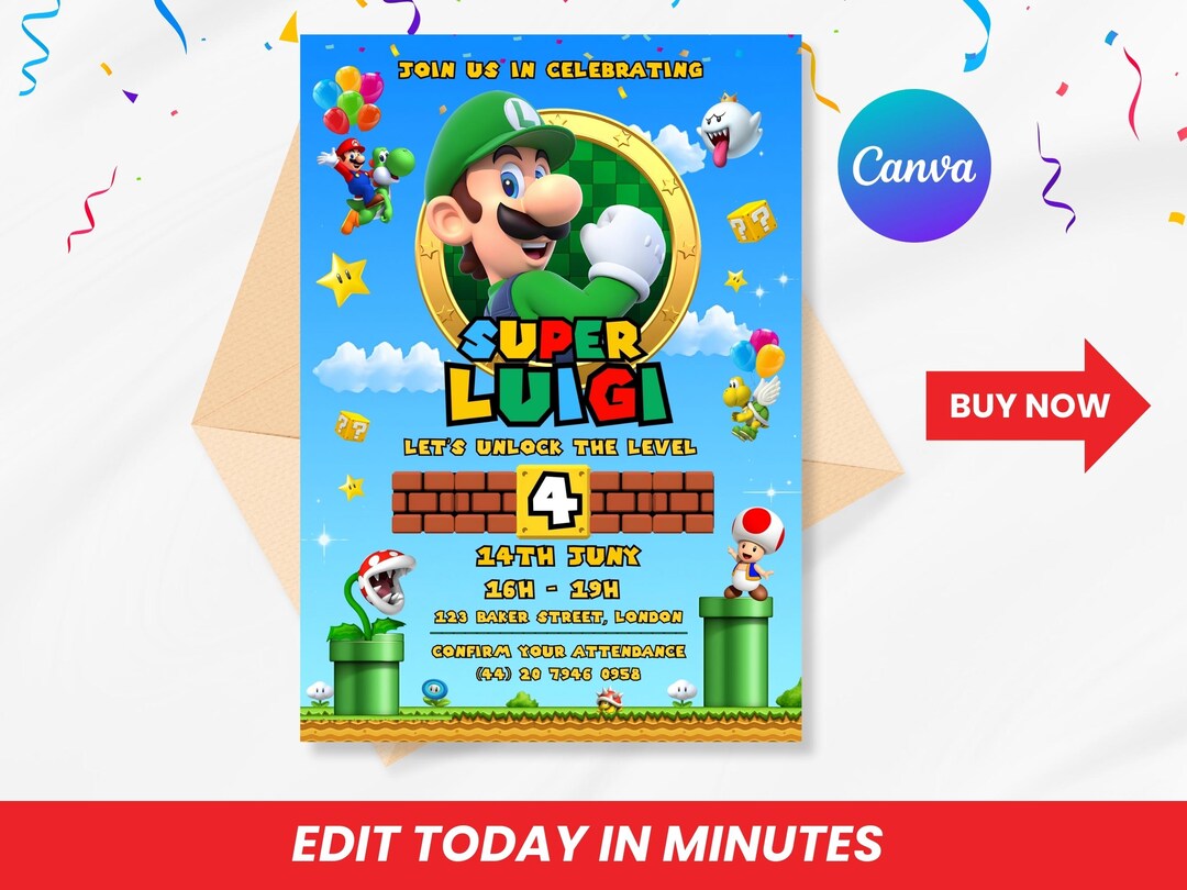 Luigi Bros Invitation, Super Mario Birthday Invitation, Super Brothers ...