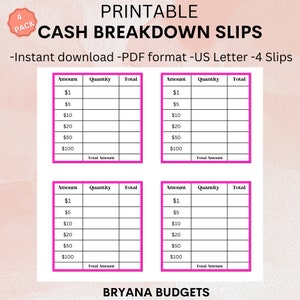 Teller Slip, Cash Withdrawal, Cash Breakdown Printable, Budget System ...