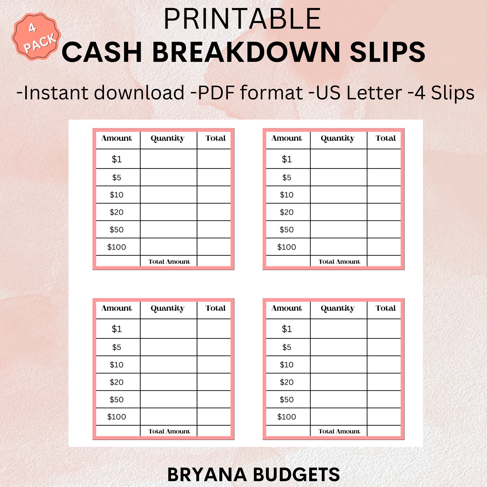 Teller Slip , Cash Withdrawal, Cash Breakdown, Budget System, Pink - Etsy