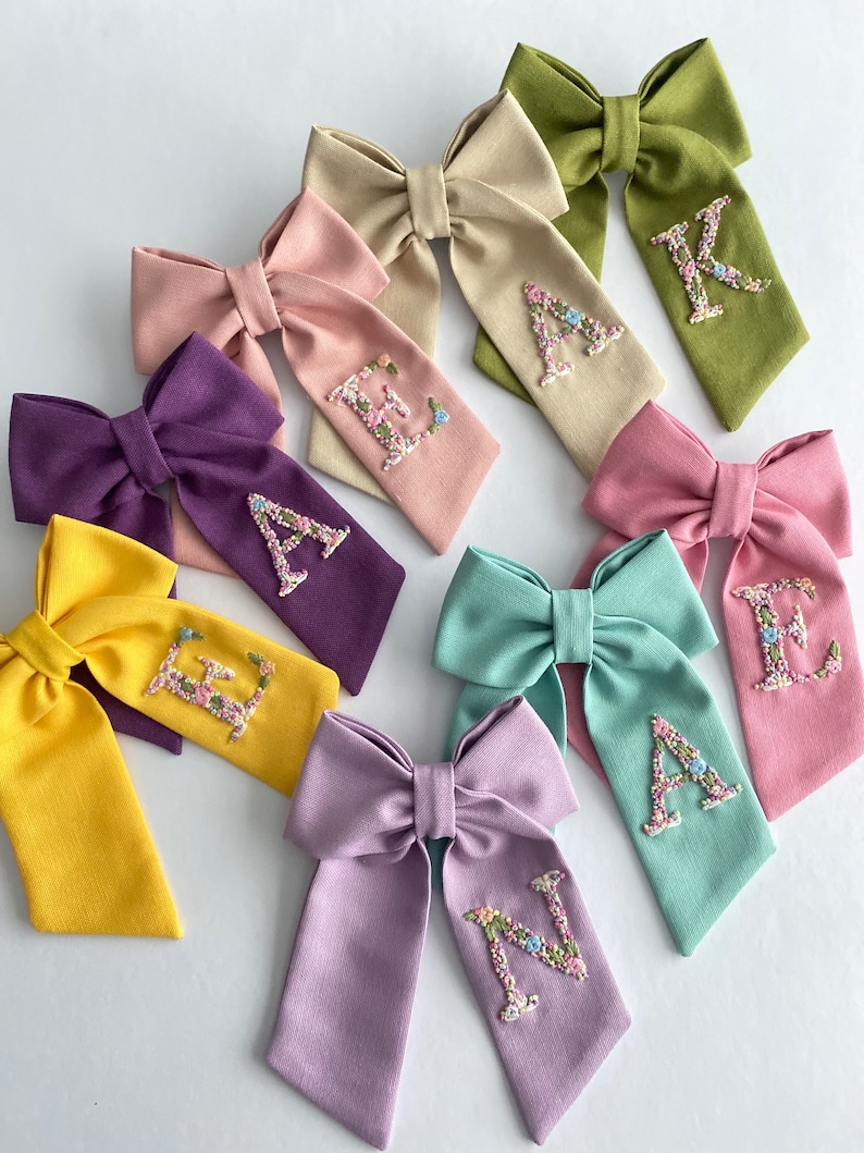 Personalized Initial Linen Hair Bow: Hand Embroidered Letter, Custom ...