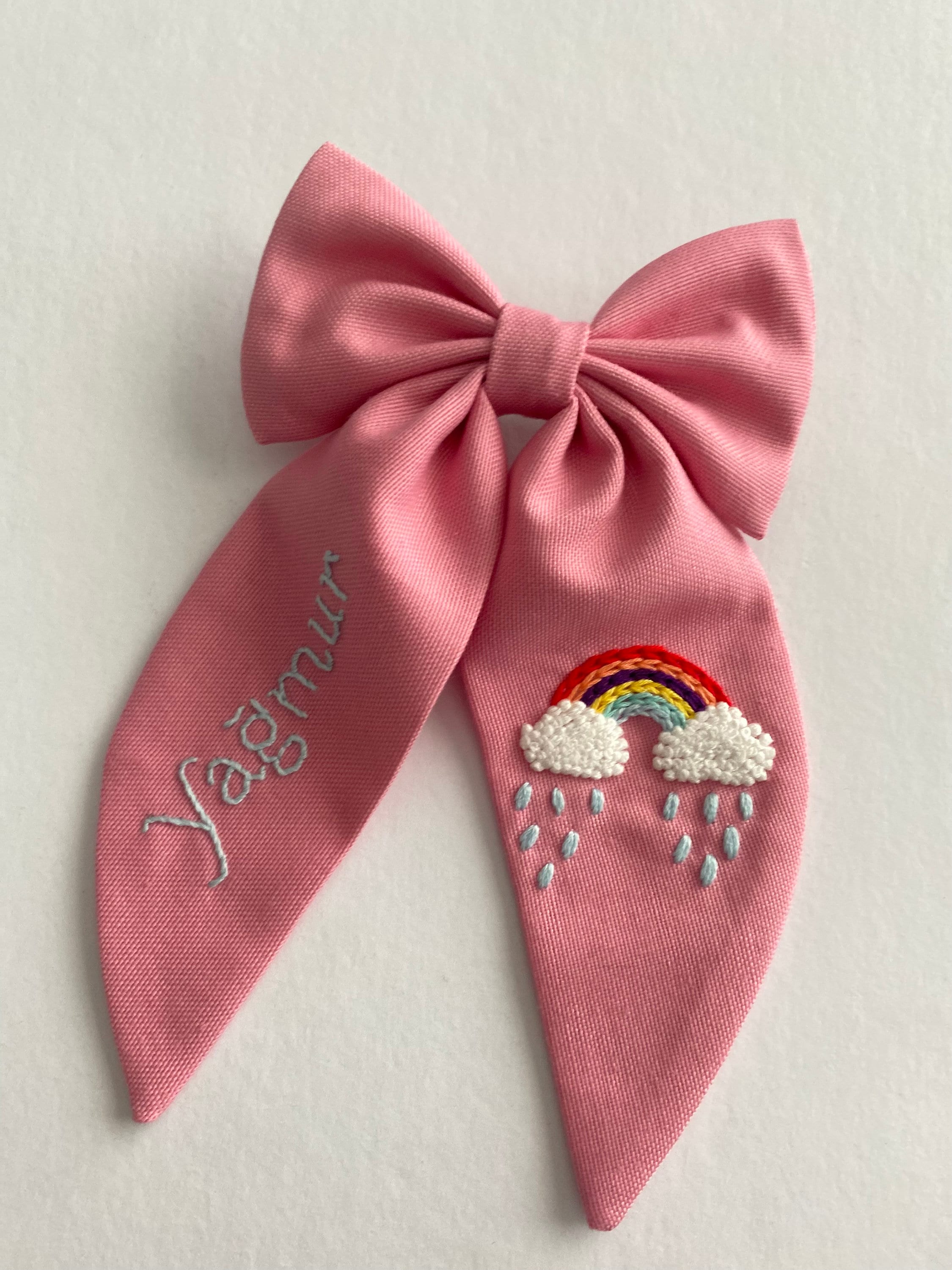 Personalized Named Hand Embroidered Hair Bow Rainbow and Rain Cloud ...