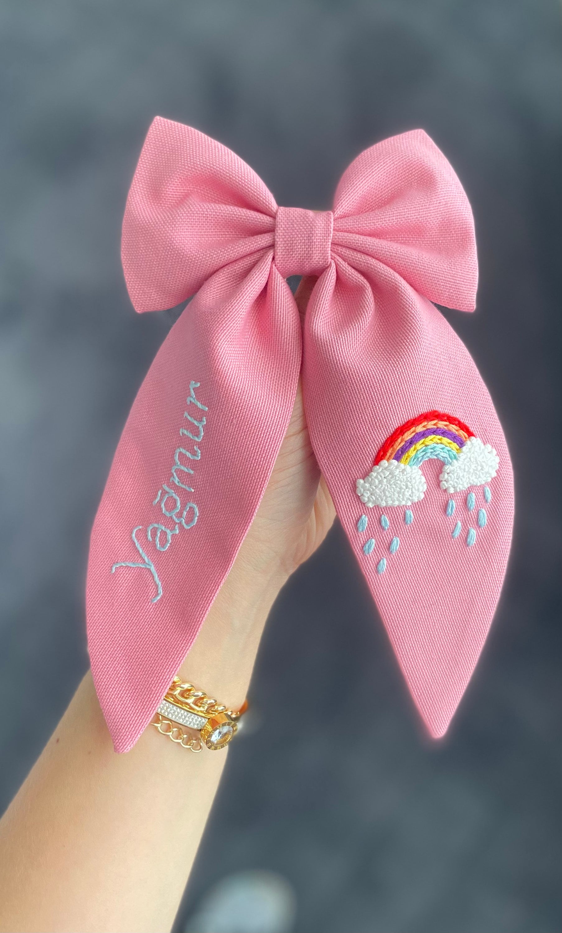 Personalized Named Hand Embroidered Hair Bow Rainbow and Rain Cloud ...