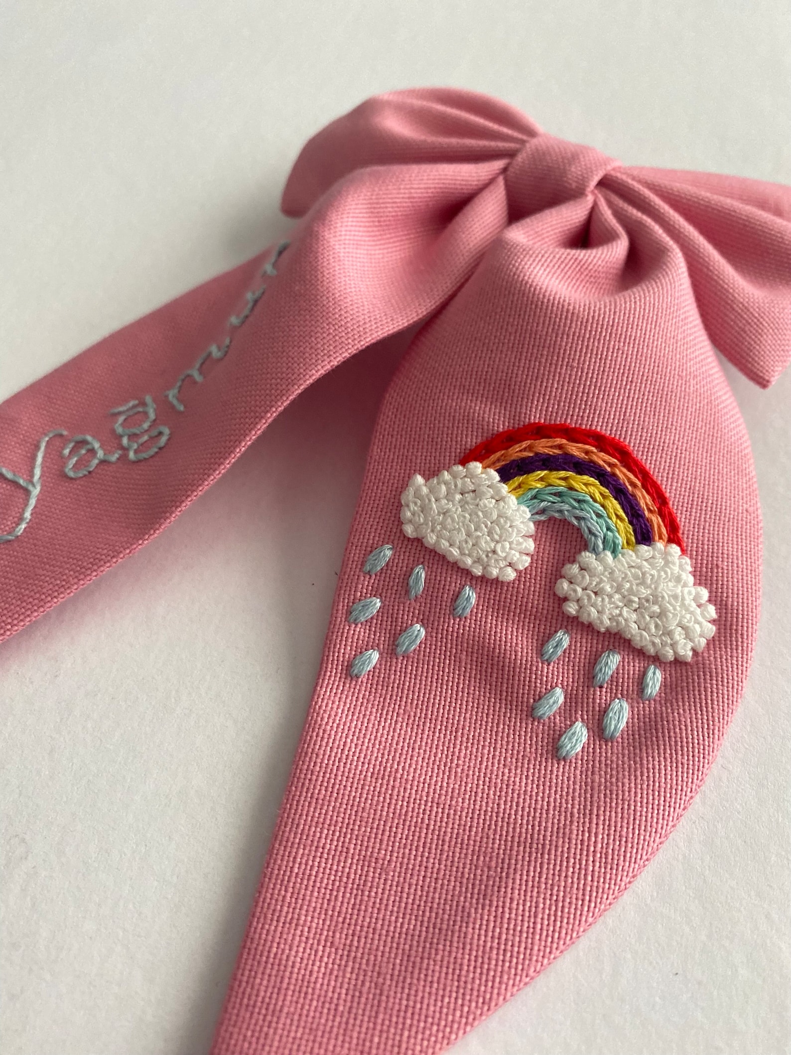 Personalized Named Hand Embroidered Hair Bow Rainbow and Rain Cloud ...