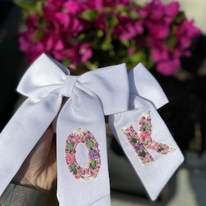 Personalized Floral Initial Hand Embroidered Linen Hair Bow Clip ...