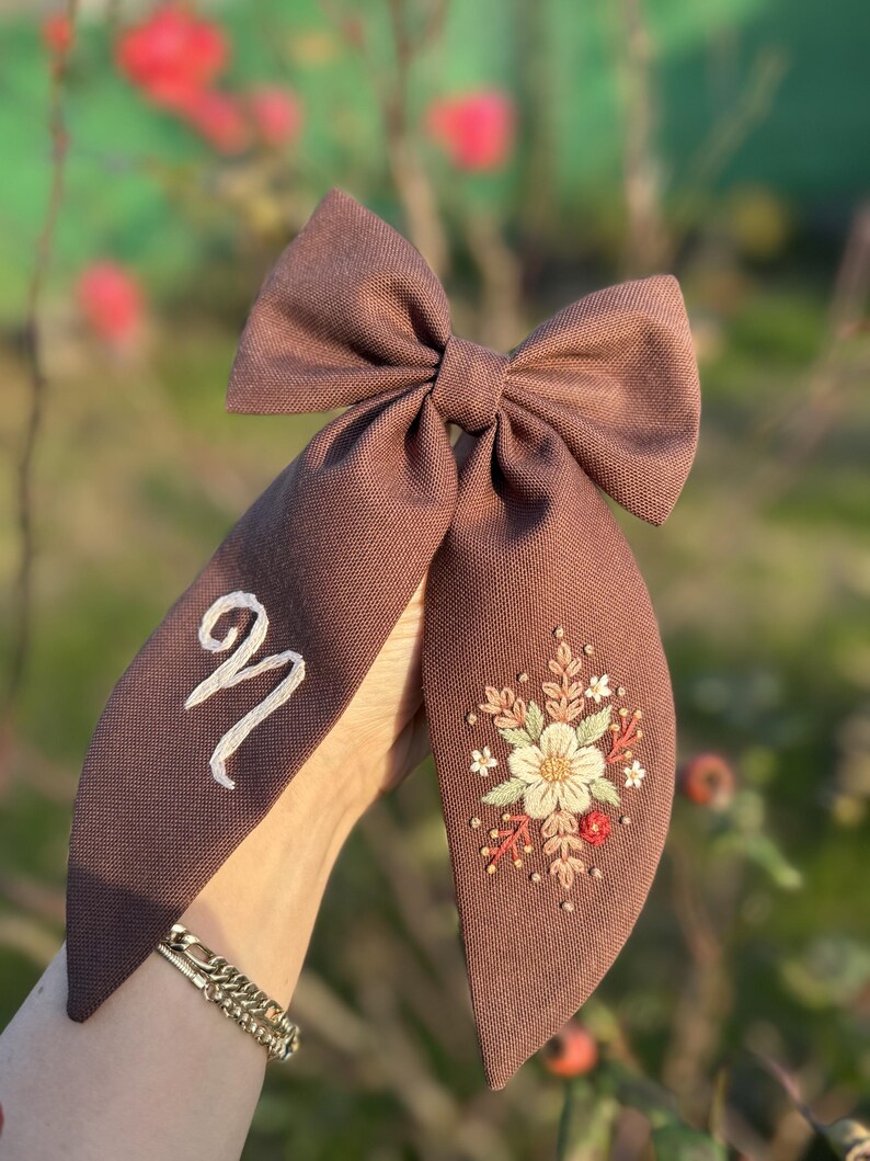 Personalized Embroidered Flower Hair Bow: Linen Initial Clip, Baby Girl ...