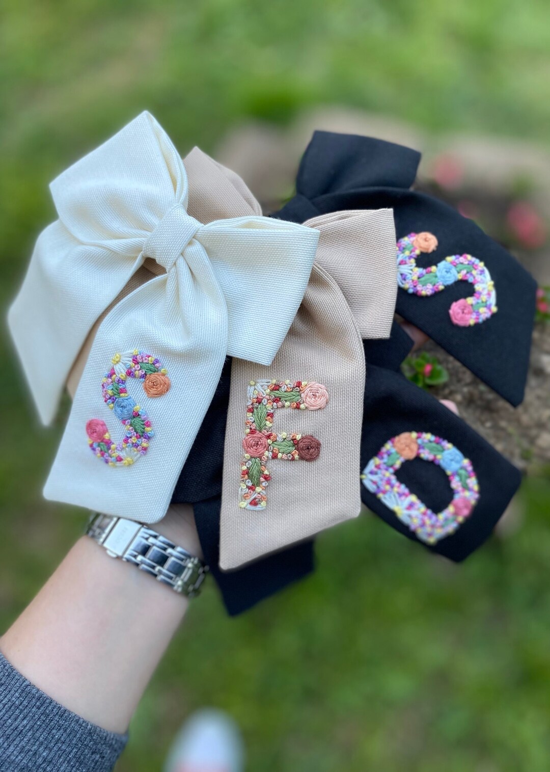 Personalized Floral Initial Hand Embroidered Linen Hair Bow Clip ...