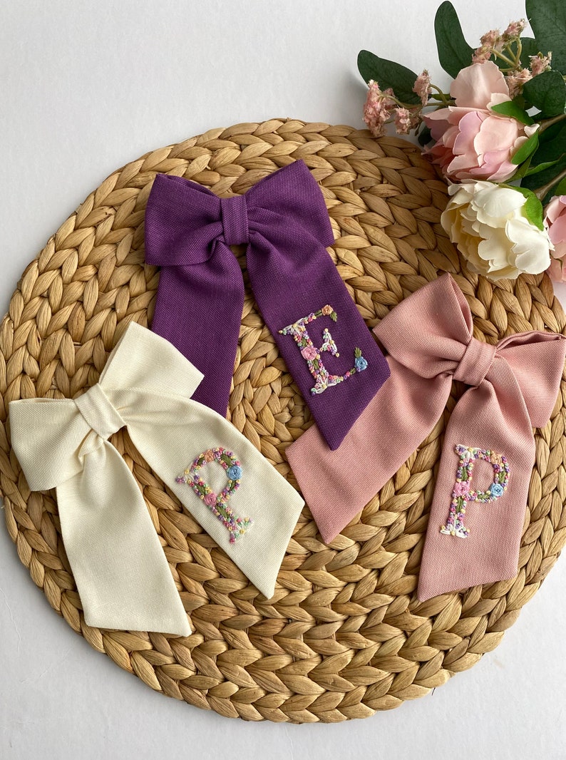 Personalized Initial Linen Hair Bow: Hand Embroidered Letter, Custom ...