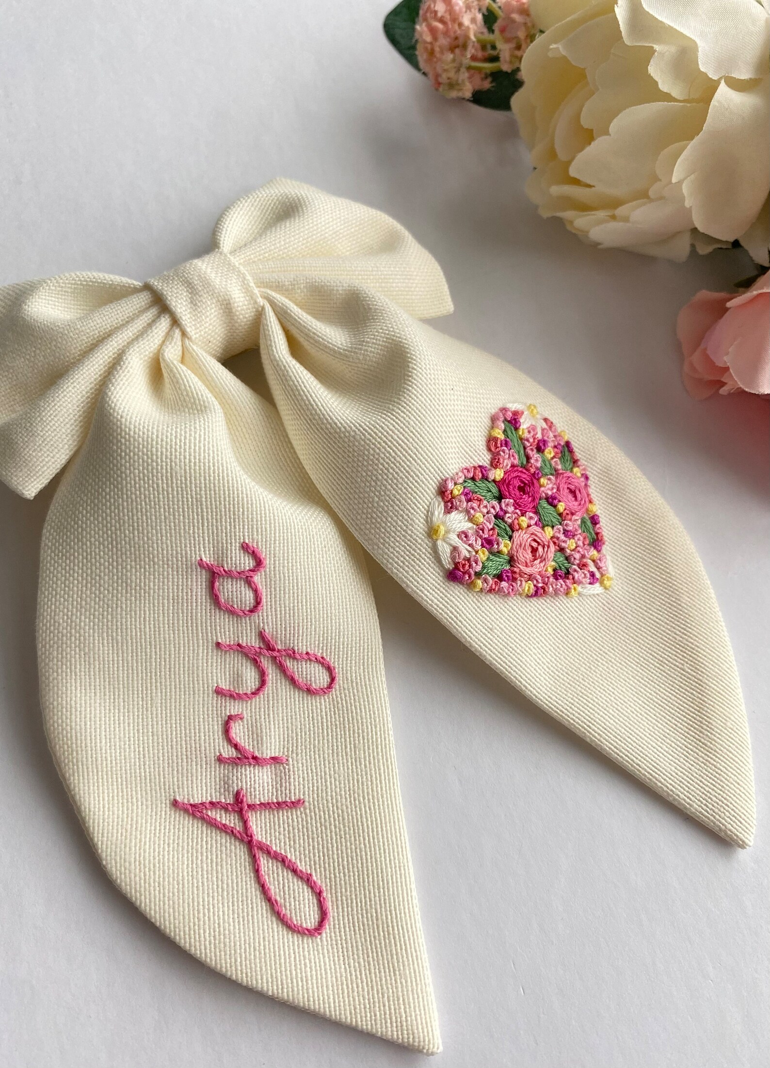Custom Named and Heart Hand Embroidered Hair Bows for Girls Kids Hair ...