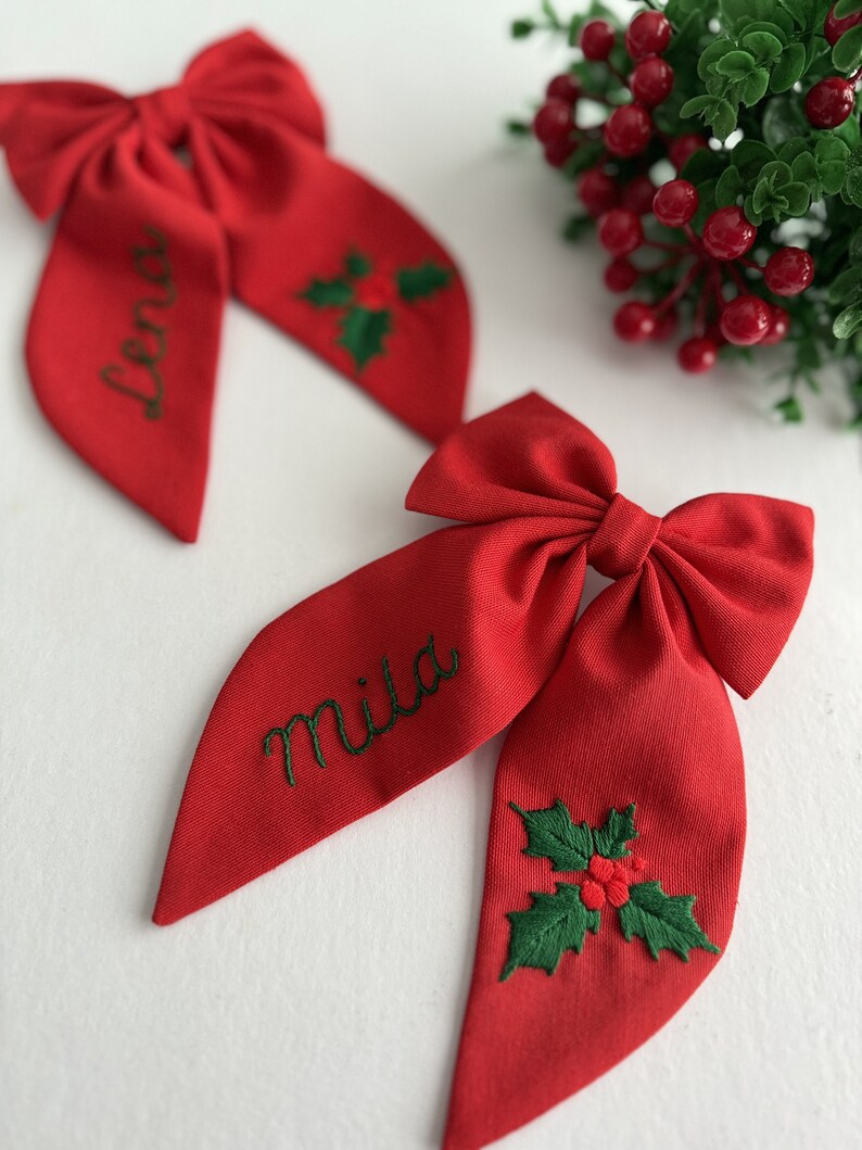 Personalized Named Hand Embroidered Hair Bow Coguina Red Flower Girl ...