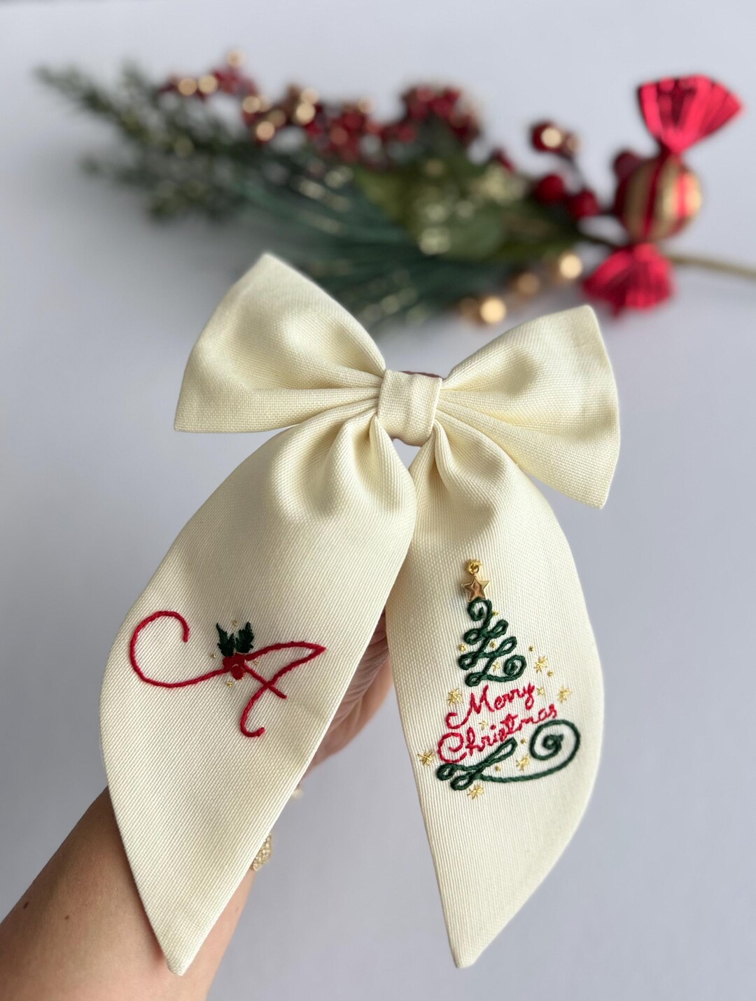 Personalized Linen Hair Bow – Embroidered Initial, Christmas Tree Hair ...