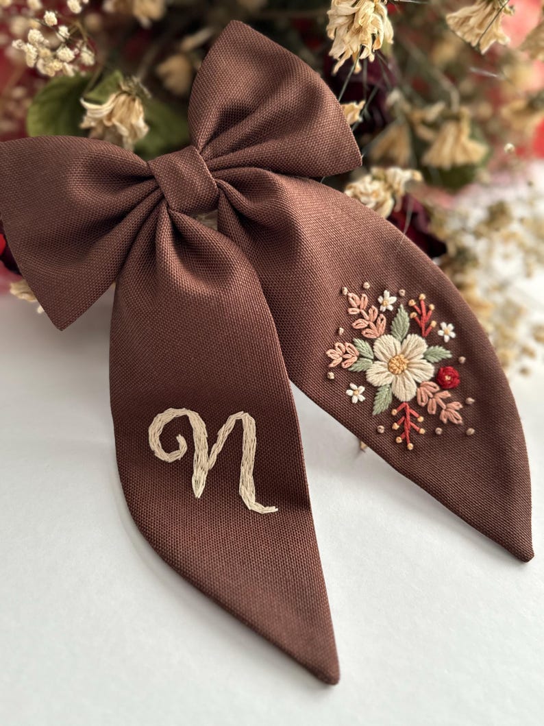 Personalized Embroidered Flower Hair Bow: Linen Initial Clip, Baby Girl ...