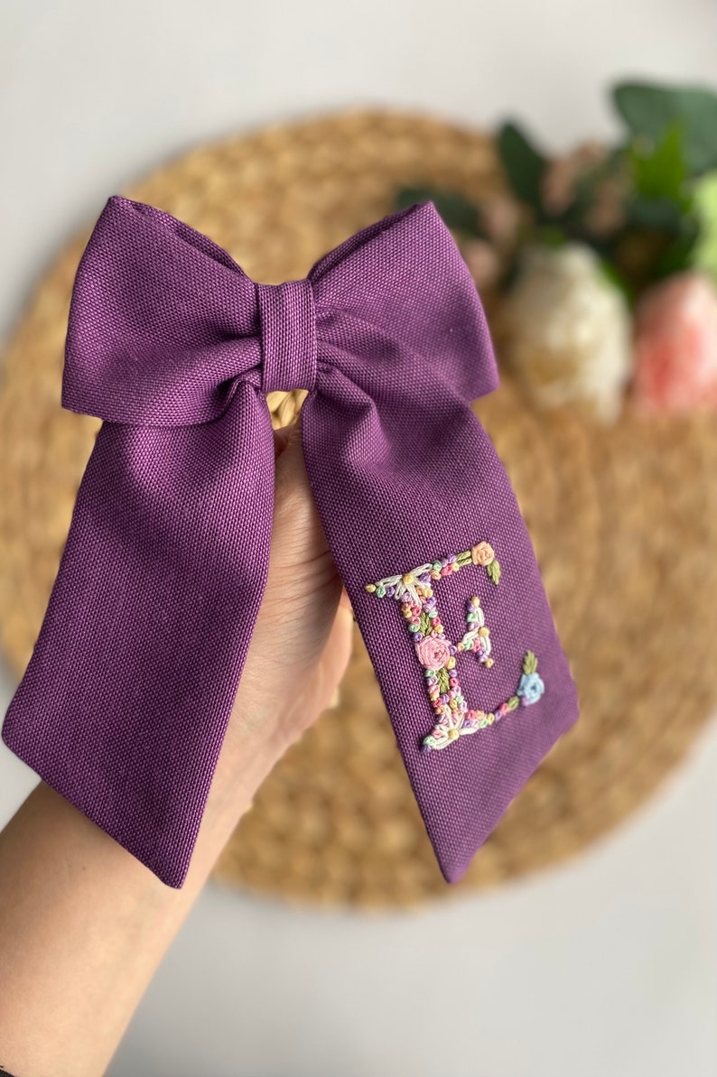 Personalized Initial Linen Hair Bow: Hand Embroidered Letter, Custom ...