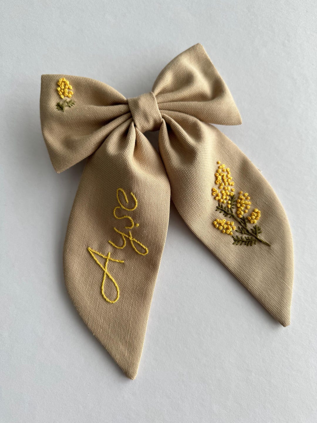 Embroidered Mimosa Flower Hair Bow: Personalized Linen Baby Clip - Etsy