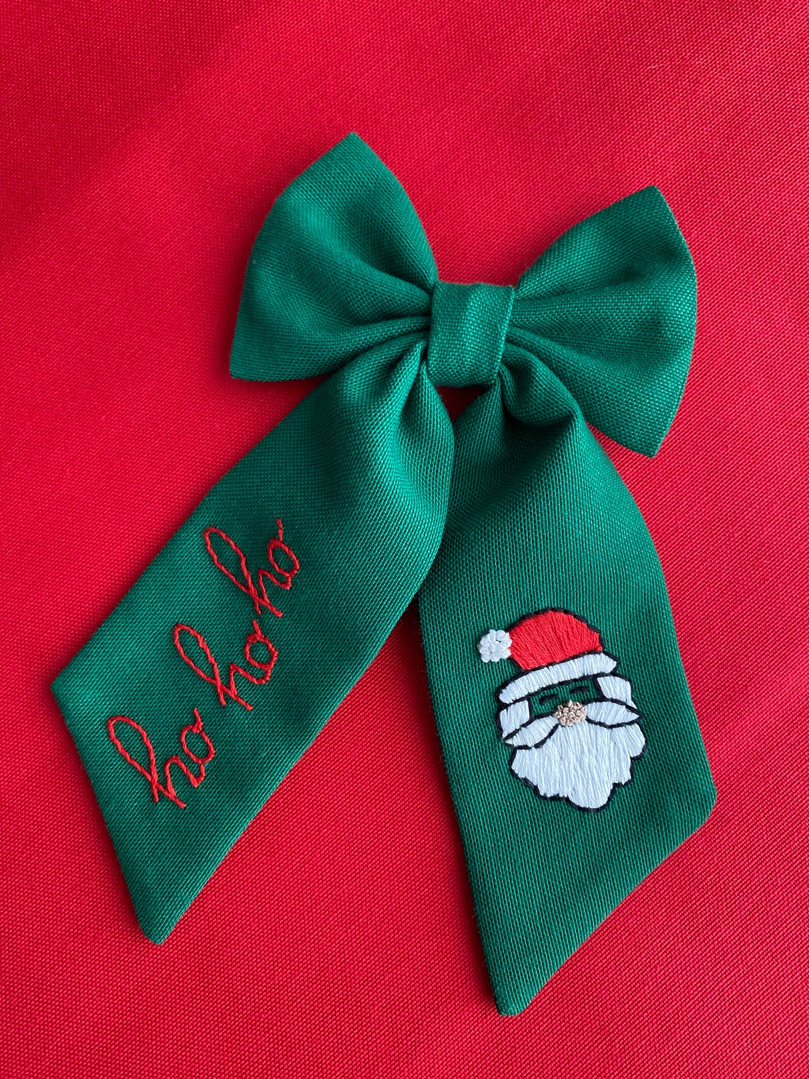 Personalized Santa Hat Embroidered Hair Bow: Linen Christmas Hair Clip ...