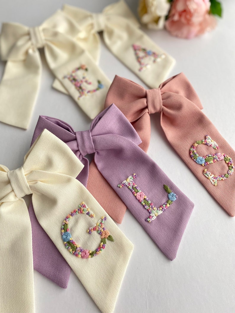 Personalized Initial Linen Hair Bow: Hand Embroidered Letter, Custom ...