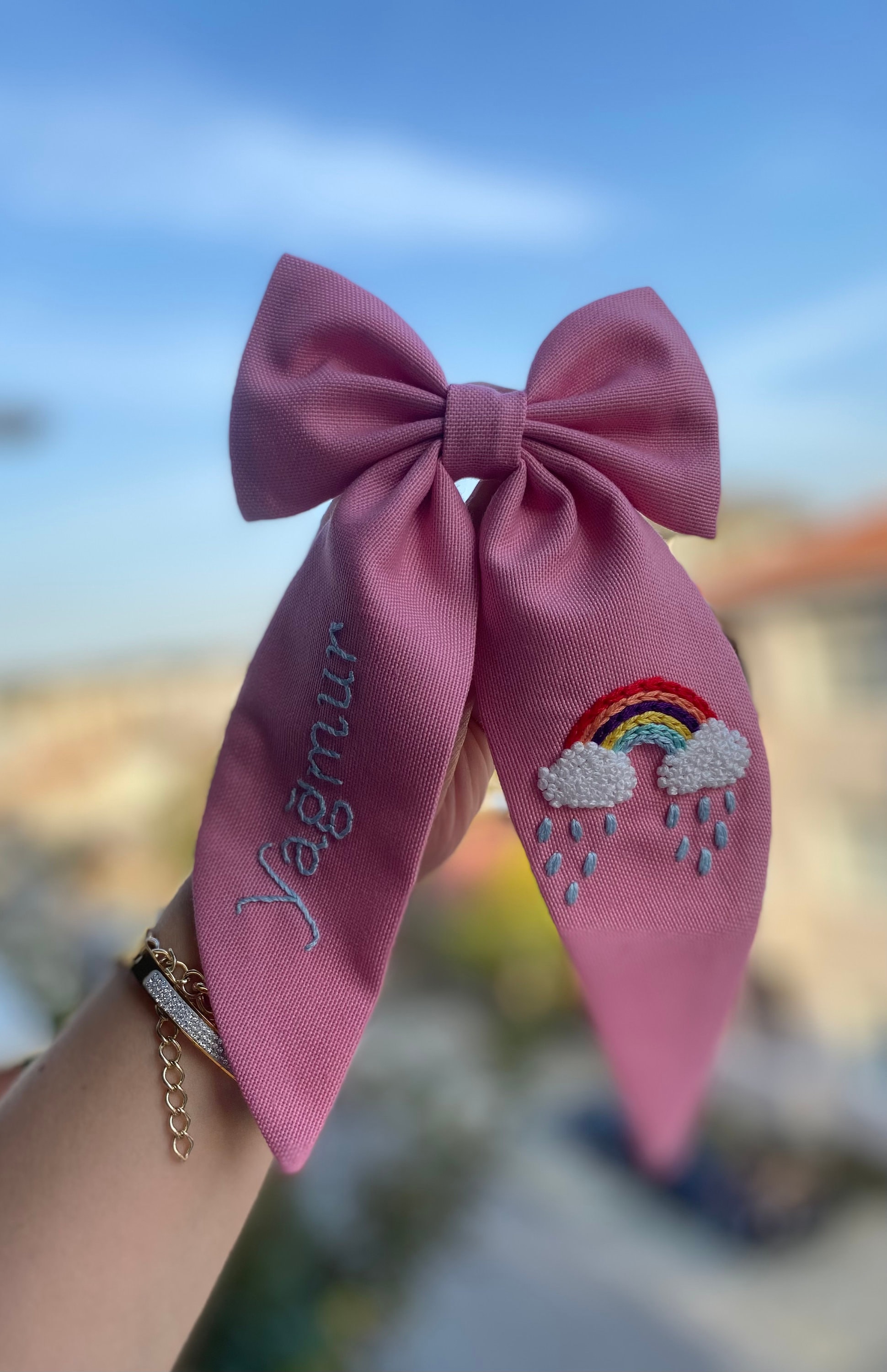 Personalized Named Hand Embroidered Hair Bow Rainbow and Rain Cloud ...