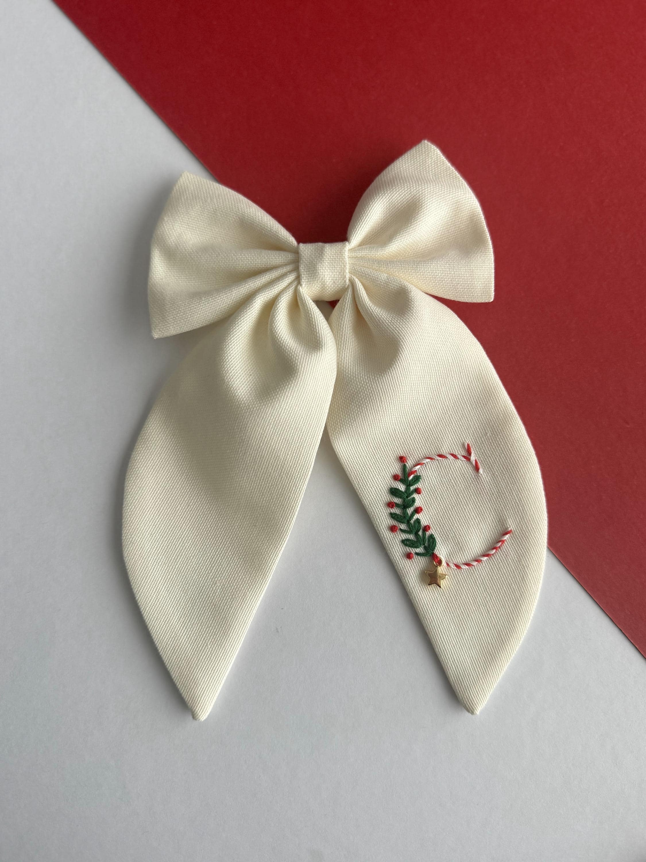 Personalized Christmas Linen Bow Hair Clip, Holiday Initial Embroidery ...