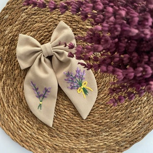 Lavender Flowered Hand Embroidered Hair Bow.custom Hair Bows,handmade ...