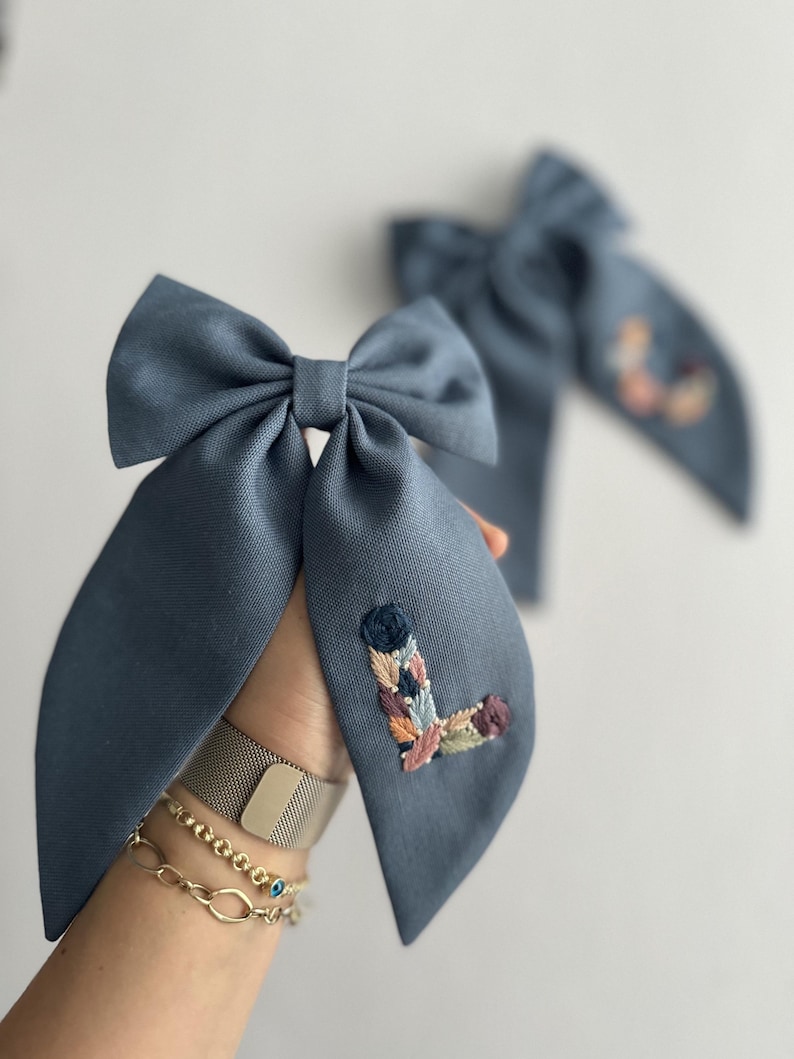 Personalized Initial Embroidered Hair Bow Clip: Linen Fabric, Cotton ...