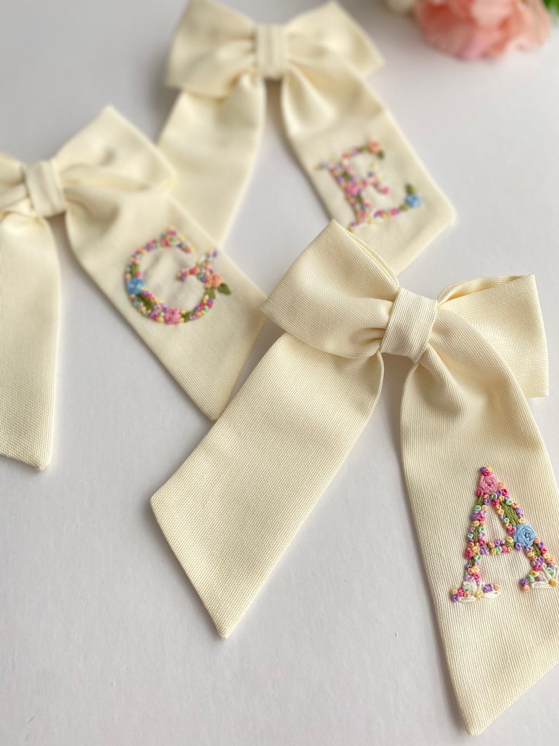 Personalized Initial Linen Hair Bow: Hand Embroidered Letter, Custom ...