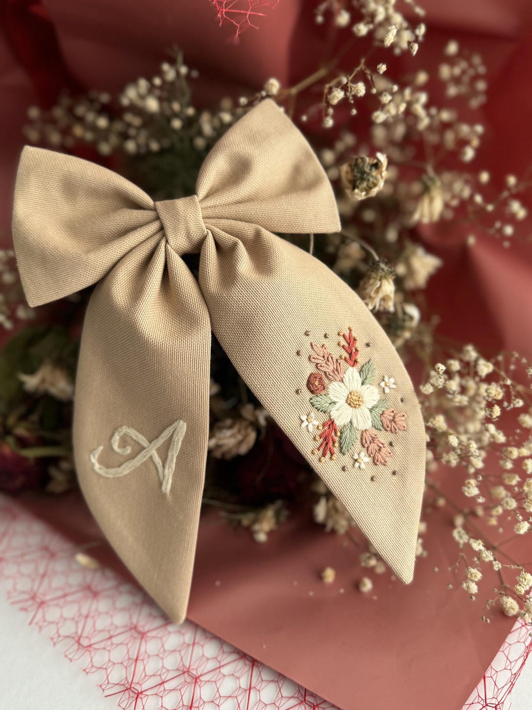Custom Design Flower Hand Embroidered Personalized Bow. Initial Women ...