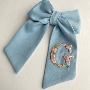 Personalized Initial Linen Hair Bow: Hand Embroidered Letter, Custom ...