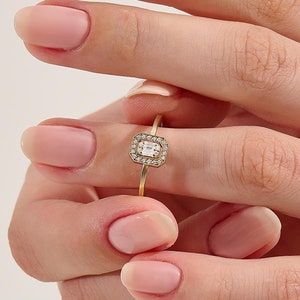 Unique Halo Rectangle Engagement Ring, 14k Solid Gold Vintage ...