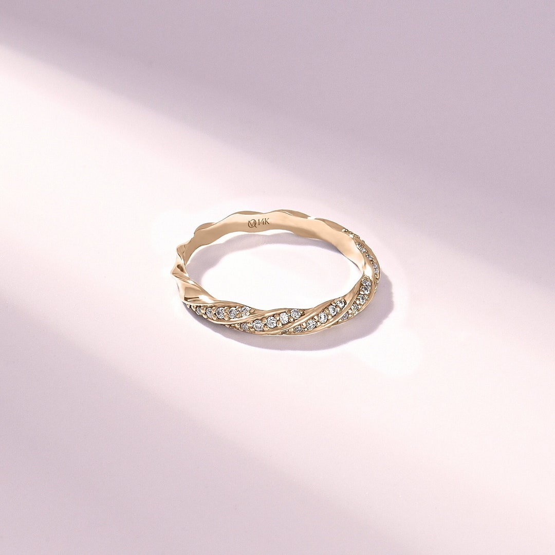 Twisted Half Eternity Wedding Ring, 14k Gold Moissanite Marriage Ring, Solid Gold Braided Rope ...