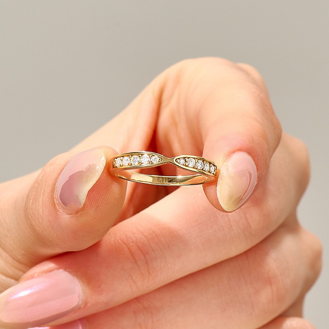 14k Gold Pinched Wedding Band, Solid Gold Moissanite Stacking Ring ...