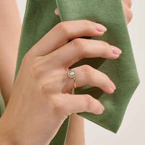 Unique Halo Rectangle Engagement Ring, 14k Solid Gold Vintage ...