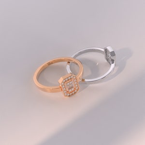 Unique Halo Rectangle Engagement Ring, 14k Solid Gold Vintage ...