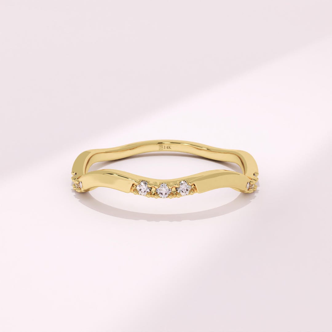 14K Solid Gold Wavy Moissanite Ring, Unique Curved Wedding Band for ...