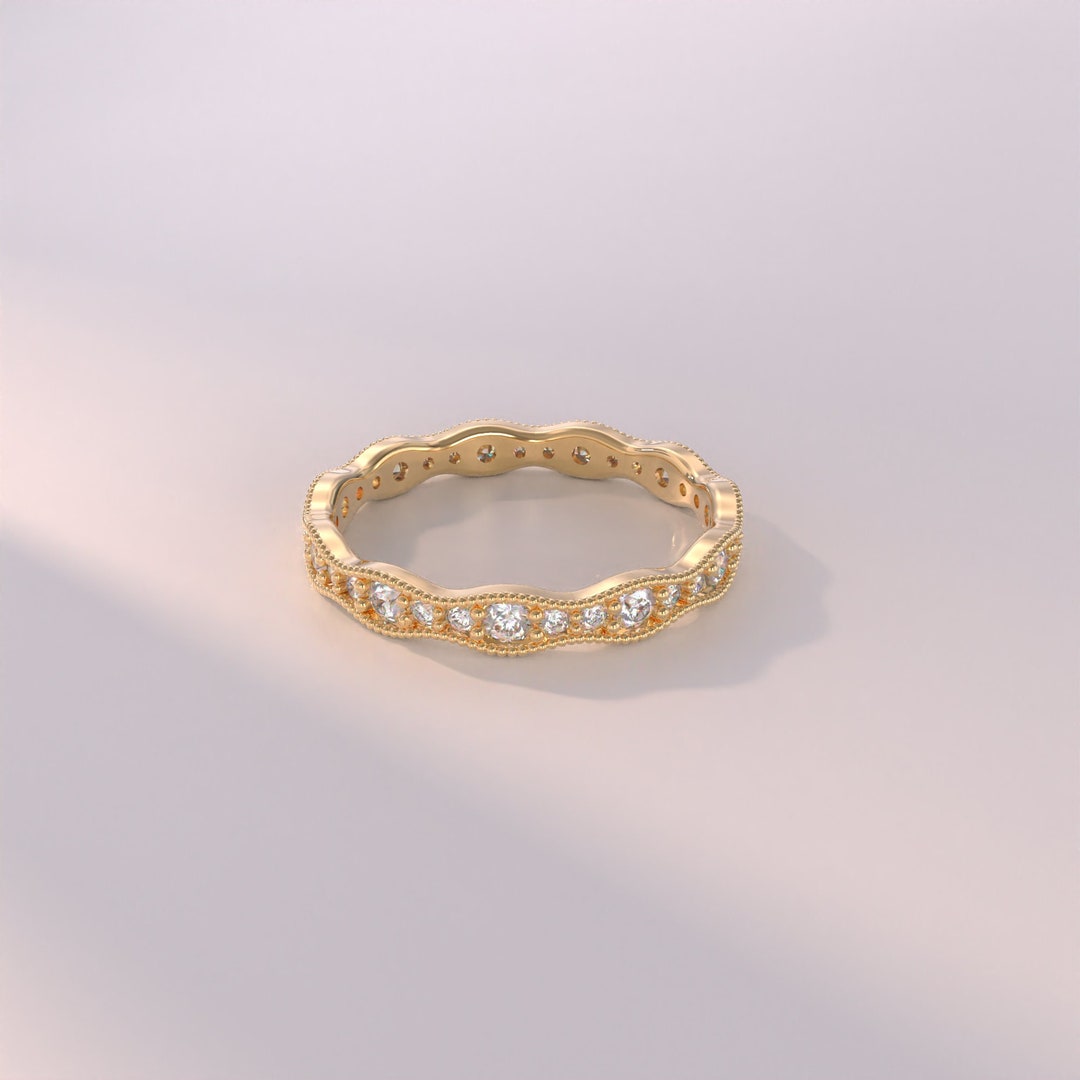 14K Wavy Wedding Band With Tiny Moissanite, Solid Gold Pave Eternity ...